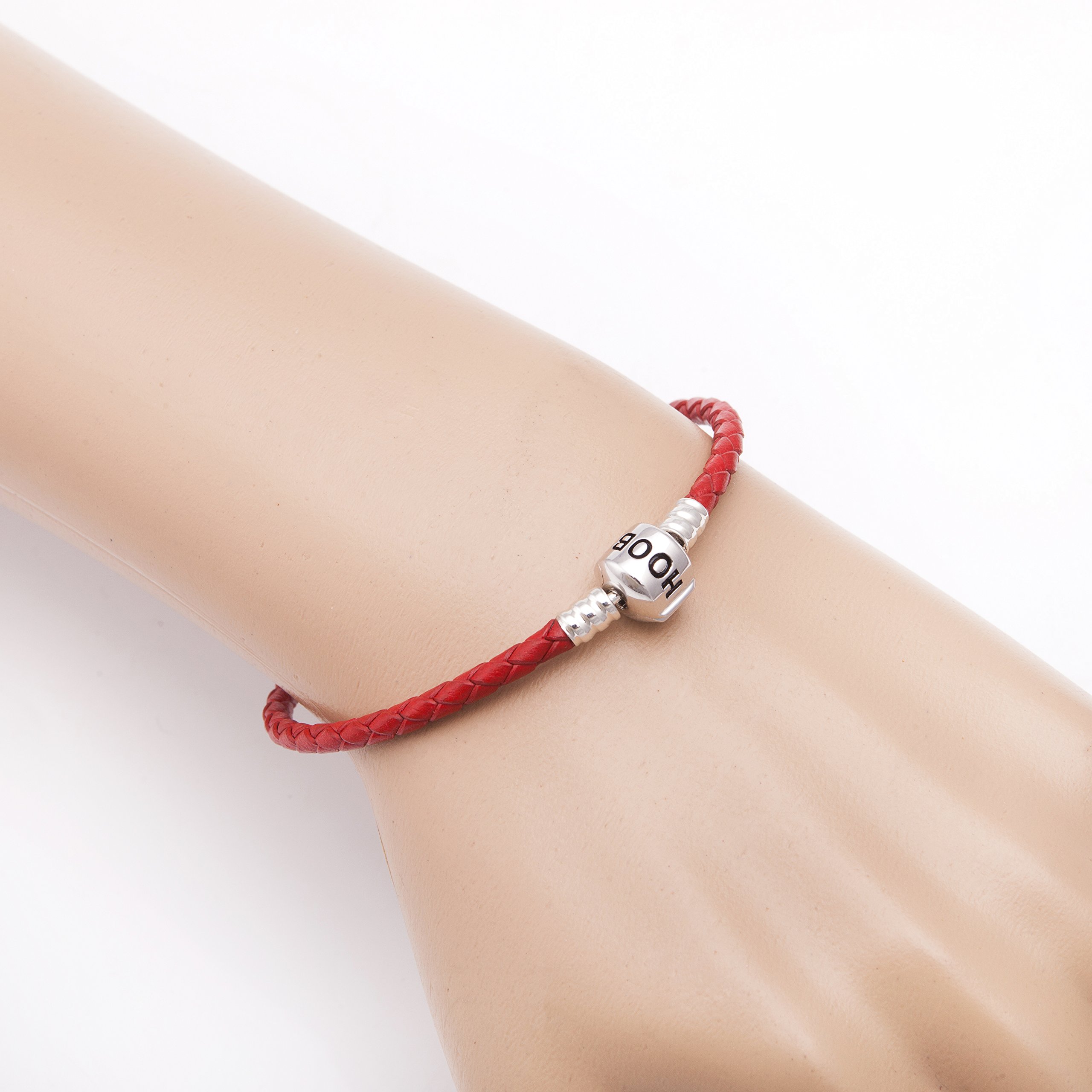 Hoobeads Genuine Red Leather Woven Bracelet with 925 Sterling Silver Barrel Snap Clasp Charms Bracelet (18 cm-7.1 inches)