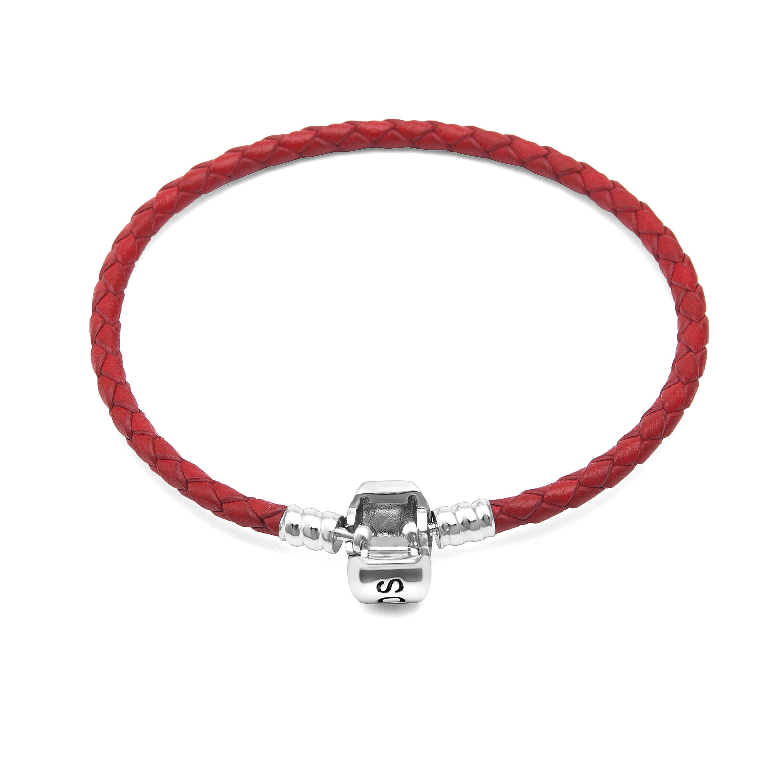 Hoobeads Genuine Red Leather Woven Bracelet with 925 Sterling Silver Barrel Snap Clasp Charms Bracelet (18 cm-7.1 inches)