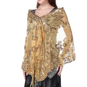 BABEYOND 1920s Shawl Wraps Sequin Fringed Evening Cape Wedding Bridal Shawl Scarf for Evening Dresses Party (Gold)