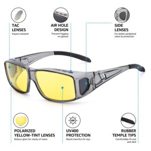 LVIOE Wrap Around Night-Vision Glasses, Fit Over Prescription Glasses with Polarized Yellow Lens Night-Driving Glasses