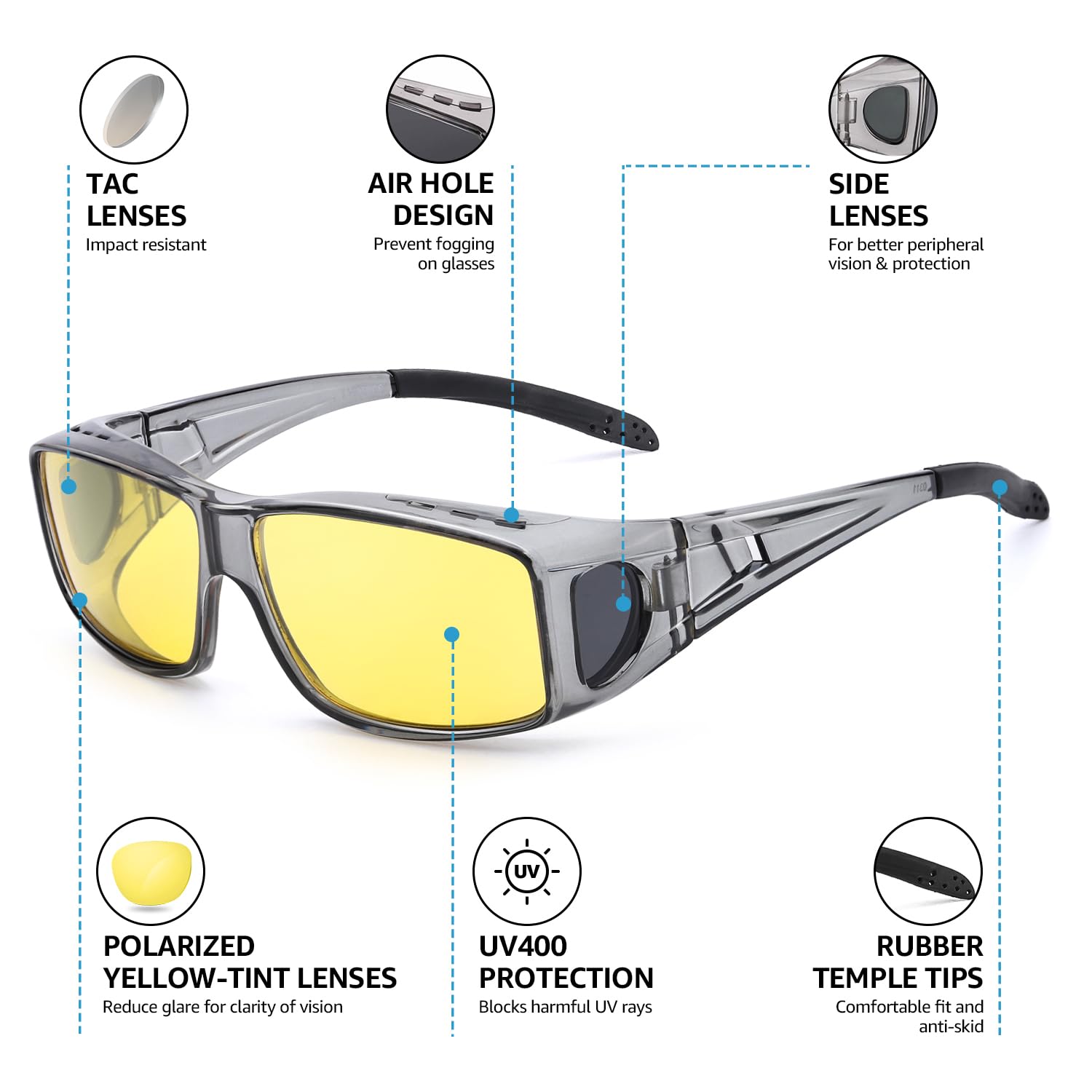 LVIOE Wrap Around Night-Vision Glasses, Fit Over Prescription Glasses with Polarized Yellow Lens Night-Driving Glasses