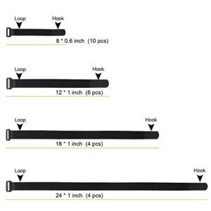 YiwerDer Reusable Fastening Cable Straps and Cable Ties Set 24 Pack(8"-12"-18"-24"), Adjustable Hook Loop Cord Management Wire Organizer Straps