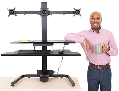 Stand Steady Techtonic Electric Standing Desk Converter wIth Triple Monitor Mount, 3 Screen Support, Quiet Sit-Stand Desk with Button Control, Keyboard Tray, Ideal for Gaming & Computer Work (Black)