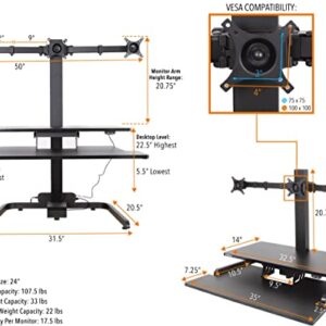 Stand Steady Techtonic Electric Standing Desk Converter wIth Triple Monitor Mount, 3 Screen Support, Quiet Sit-Stand Desk with Button Control, Keyboard Tray, Ideal for Gaming & Computer Work (Black)