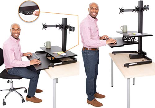 Stand Steady Techtonic Electric Standing Desk Converter wIth Triple Monitor Mount, 3 Screen Support, Quiet Sit-Stand Desk with Button Control, Keyboard Tray, Ideal for Gaming & Computer Work (Black)