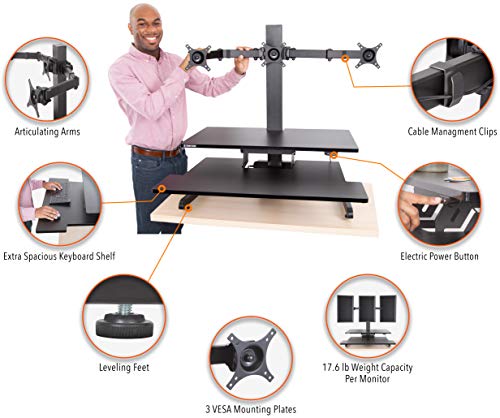 Stand Steady Techtonic Electric Standing Desk Converter wIth Triple Monitor Mount, 3 Screen Support, Quiet Sit-Stand Desk with Button Control, Keyboard Tray, Ideal for Gaming & Computer Work (Black)