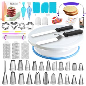 rfaqk 150pcs cake decorating kit baking supplies tools with ebook and booklet, 3in1 cake turntable for decorating cakes cupcakes cookies with piping bags and tips set, leveler, spatula & much more