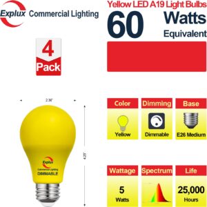 Explux Commercial-grade LED A19 Yellow Light Bulbs, Dimmable, 60W Equivalent High Yellow Color Output, 25000 Hours, 4-Pack