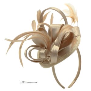 fascinator hats for women feather cocktail party hats bridal kentucky derby headband (light khaki)