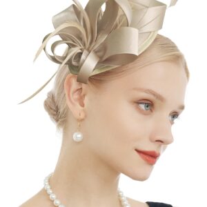 Fascinator Hats For Women Feather Cocktail Party Hats Bridal Kentucky Derby Headband (Light Khaki)