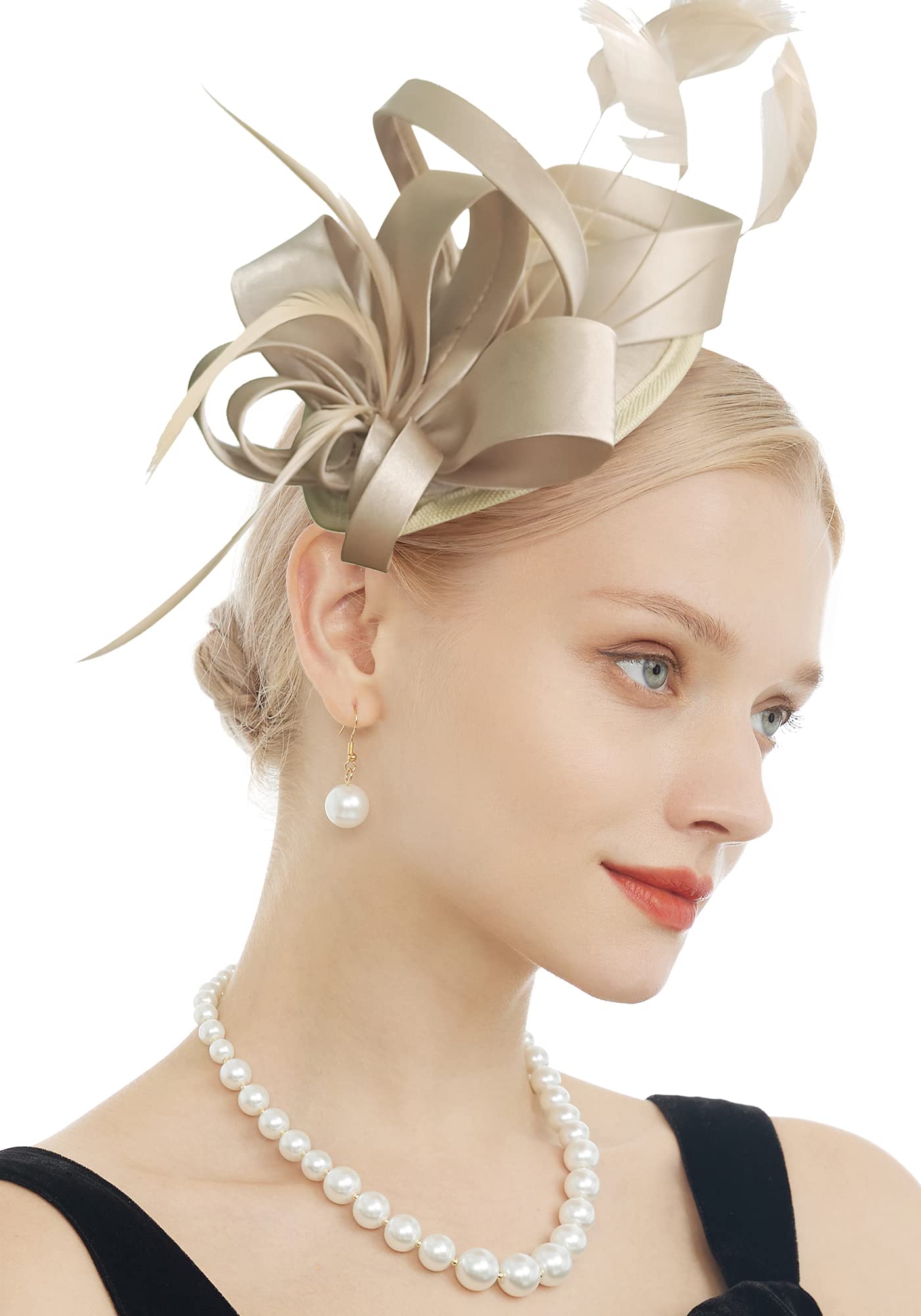 Fascinator Hats For Women Feather Cocktail Party Hats Bridal Kentucky Derby Headband (Light Khaki)