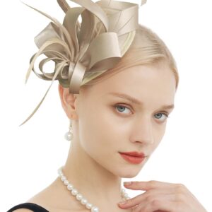 Fascinator Hats For Women Feather Cocktail Party Hats Bridal Kentucky Derby Headband (Light Khaki)