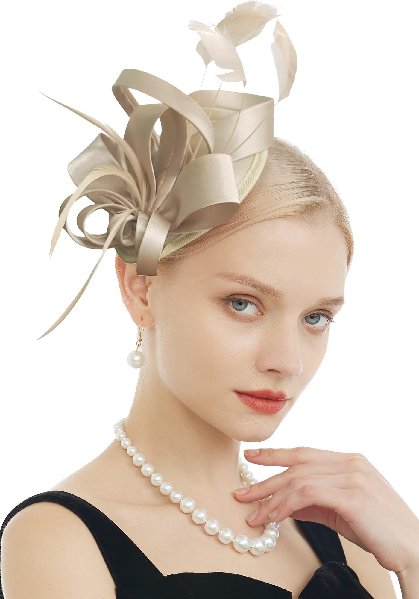 Fascinator Hats For Women Feather Cocktail Party Hats Bridal Kentucky Derby Headband (Light Khaki)