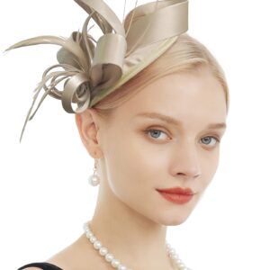 Fascinator Hats For Women Feather Cocktail Party Hats Bridal Kentucky Derby Headband (Light Khaki)