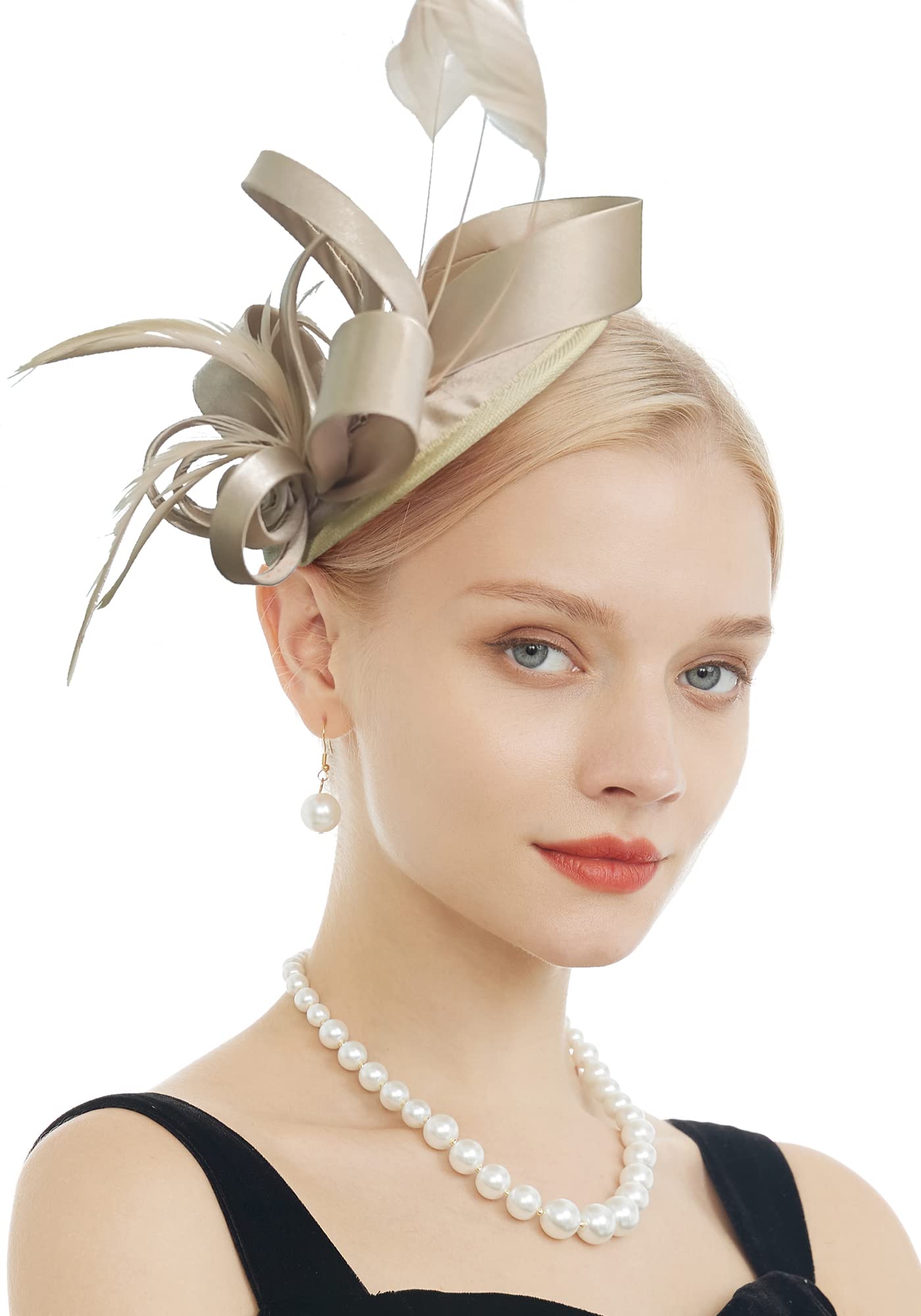 Fascinator Hats For Women Feather Cocktail Party Hats Bridal Kentucky Derby Headband (Light Khaki)