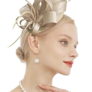 Fascinator Hats For Women Feather Cocktail Party Hats Bridal Kentucky Derby Headband (Light Khaki)