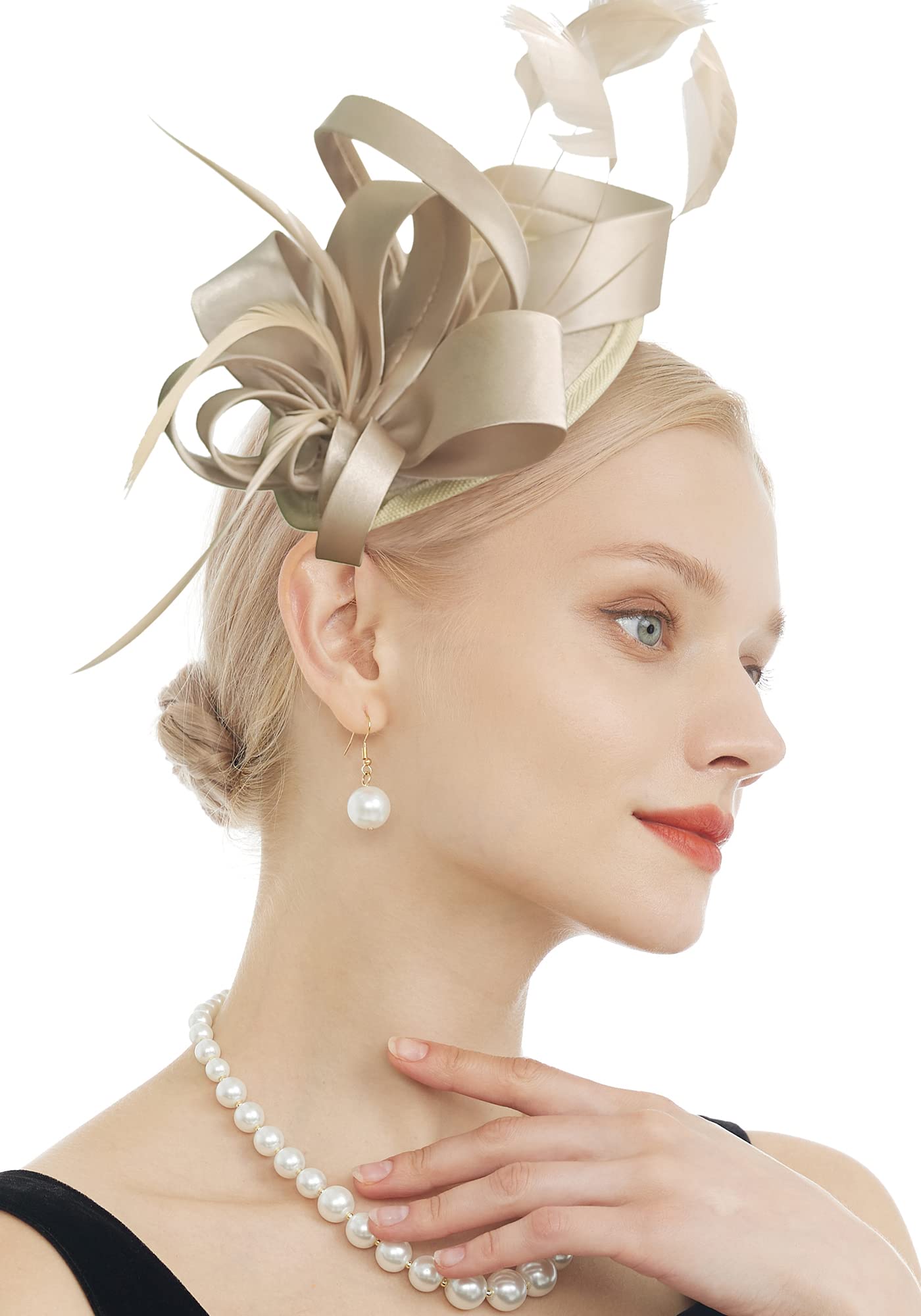 Fascinator Hats For Women Feather Cocktail Party Hats Bridal Kentucky Derby Headband (Light Khaki)