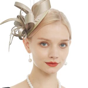 Fascinator Hats For Women Feather Cocktail Party Hats Bridal Kentucky Derby Headband (Light Khaki)