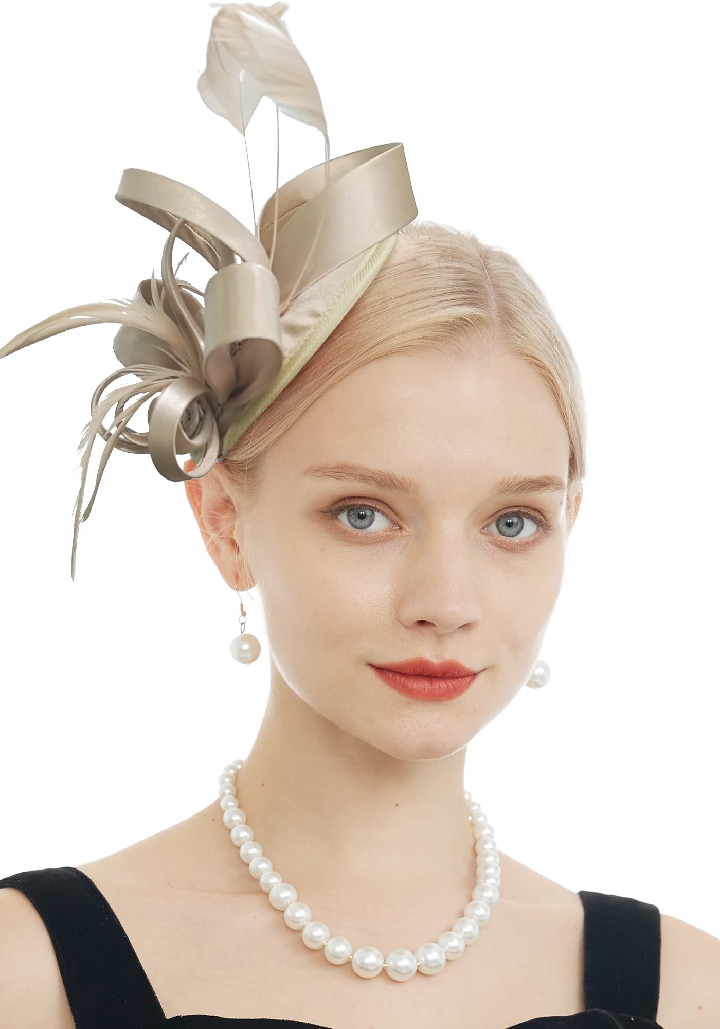 Fascinator Hats For Women Feather Cocktail Party Hats Bridal Kentucky Derby Headband (Light Khaki)