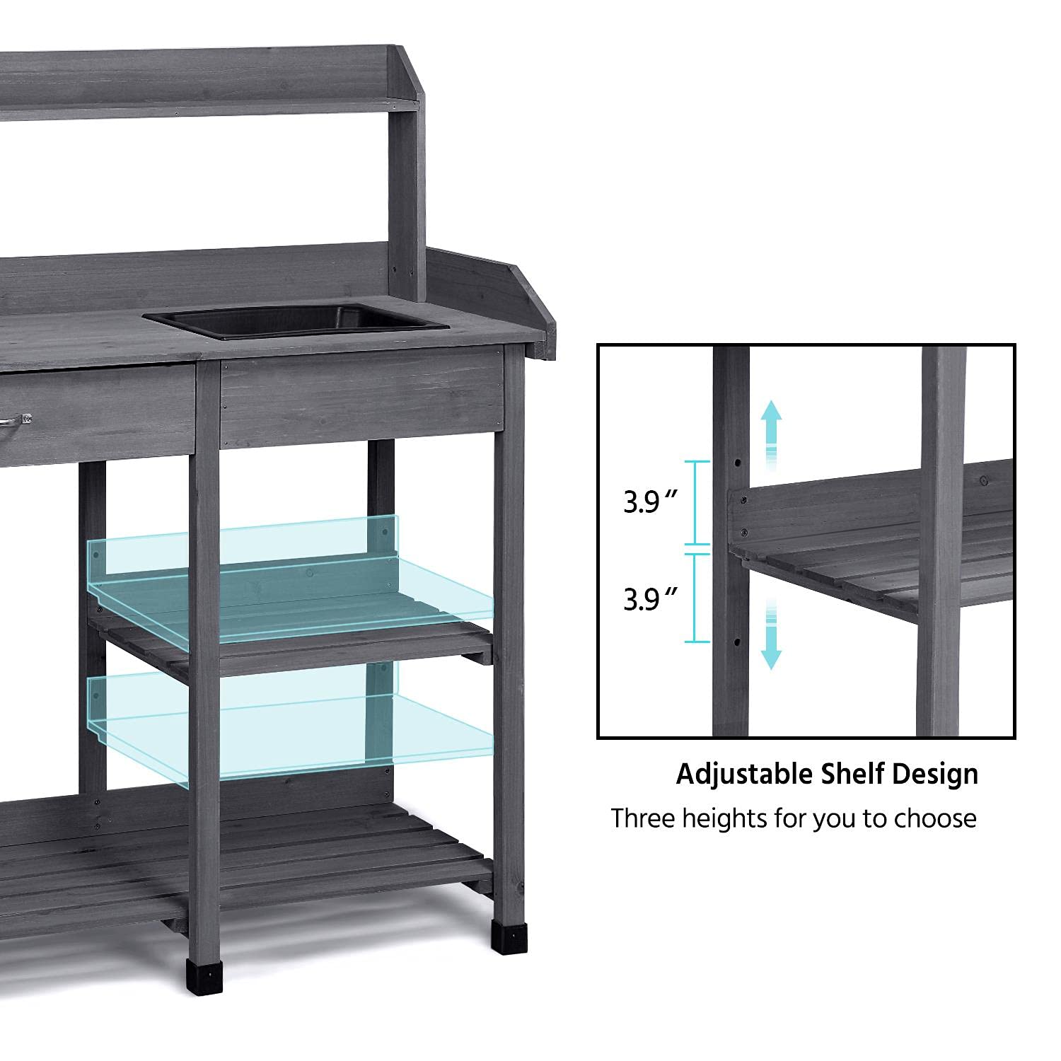 Yaheetech Outdoor Potting Bench Table Potters Benches Garden Workstation for Horticulture with Drawer/Adjustable Shelf Rack/Removable Sink/Hooks/Pads, Gray