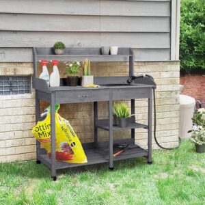 Yaheetech Outdoor Potting Bench Table Potters Benches Garden Workstation for Horticulture with Drawer/Adjustable Shelf Rack/Removable Sink/Hooks/Pads, Gray