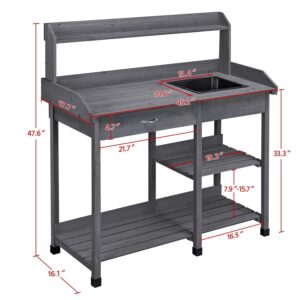 Yaheetech Outdoor Potting Bench Table Potters Benches Garden Workstation for Horticulture with Drawer/Adjustable Shelf Rack/Removable Sink/Hooks/Pads, Gray