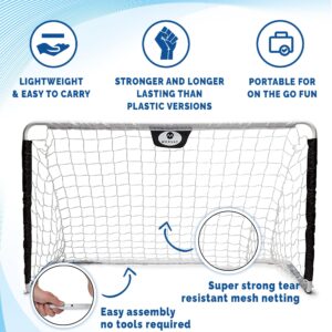 Morvat Kids Metal Poles Soccer Goal Set Portable Lightweight Training Equipment Backyard & Indoors Premium 48”x30” Net + 2 Size Soccer Balls + Ball Pump + Storage Bag – Color: Black & White