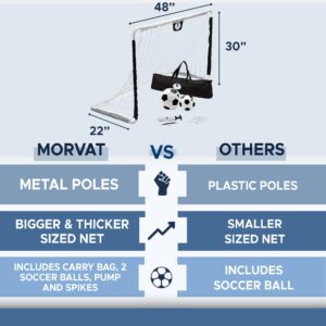 Morvat Kids Metal Poles Soccer Goal Set Portable Lightweight Training Equipment Backyard & Indoors Premium 48”x30” Net + 2 Size Soccer Balls + Ball Pump + Storage Bag – Color: Black & White