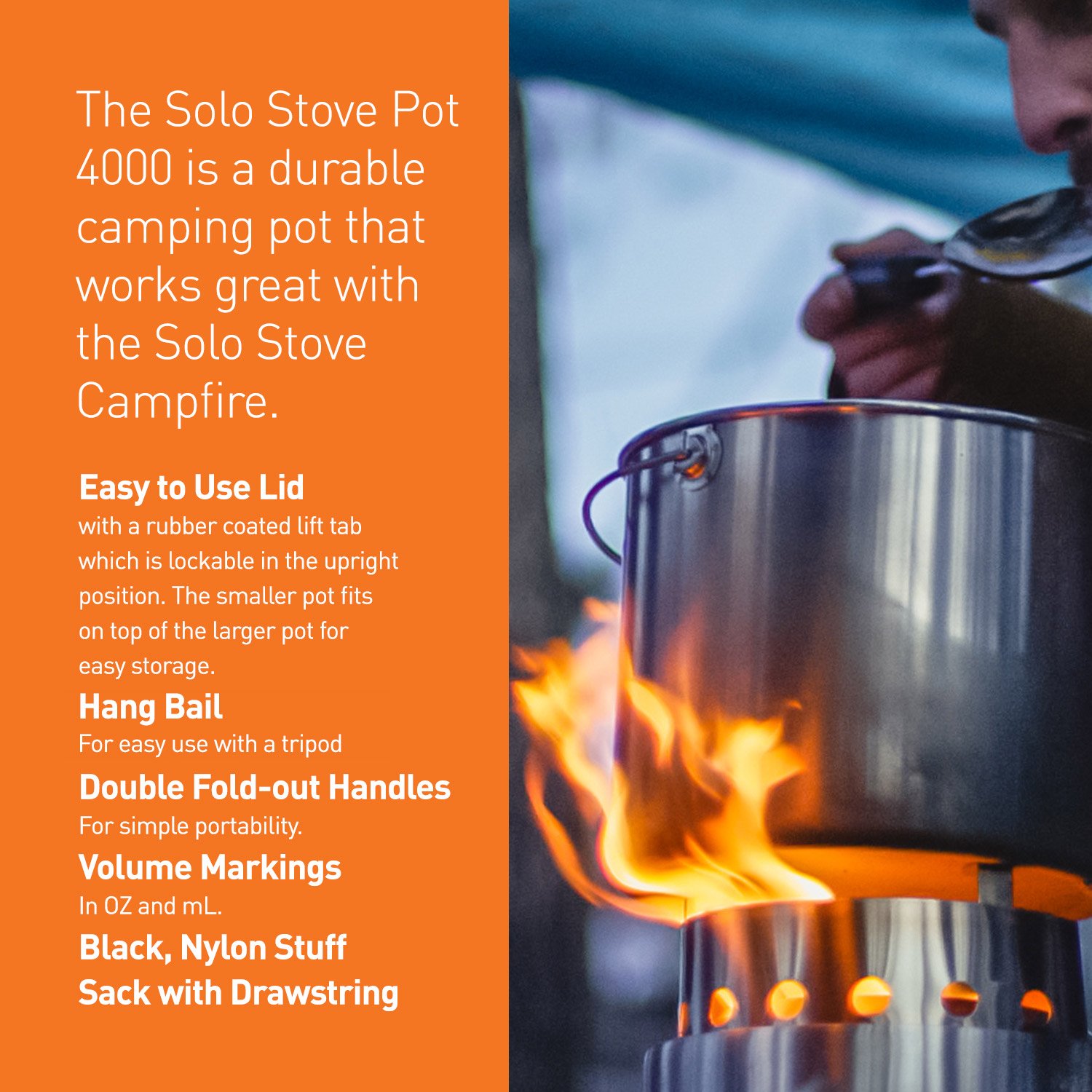 Solo Stove Pot 4000 Stainless Steel Camping Pot for Outdoor Campfire Great Cookware Equipment for Backpacking Kitchen Bushcraft Survival Gear and Cooking