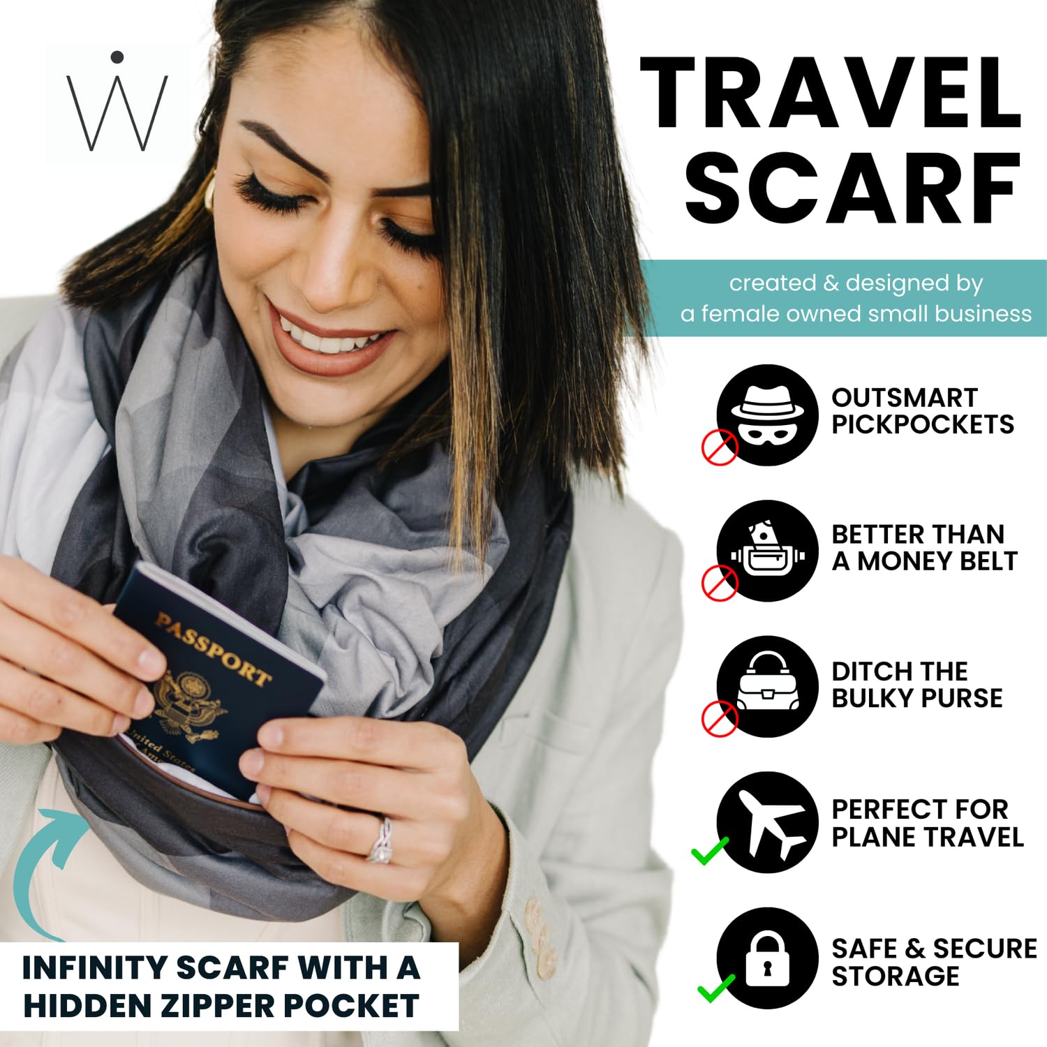 WAYPOINT GOODS Infinity Scarf with Pocket - Stylish and Lightweight Pocket Scarf for Women with Hidden Zipper for Passport, Wallet, and Other Travel Accessories