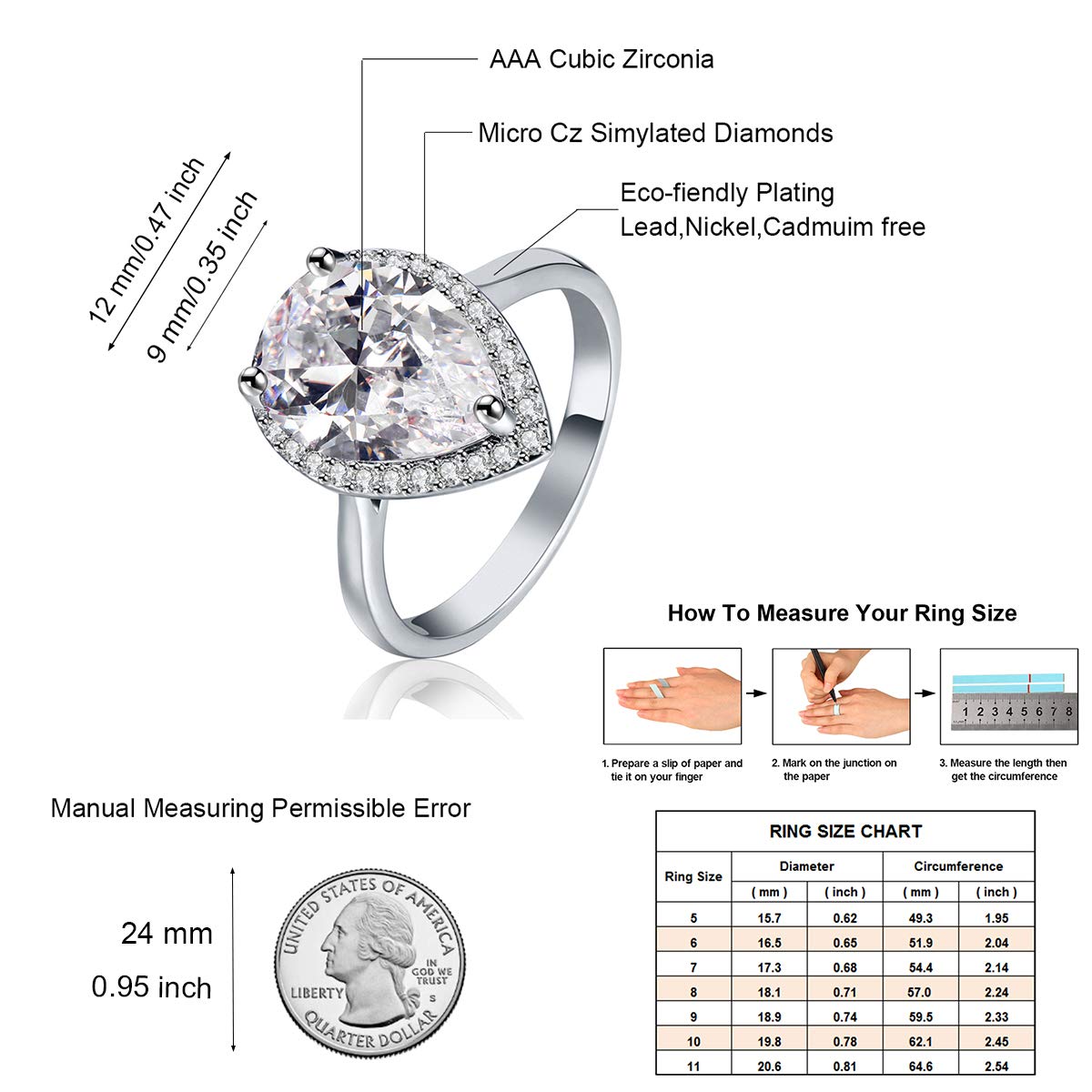 LAZLUVU 4.85CT Teardrop Shape Cubic Zirconia Ring Pear Cut Promise Engagement Rings for Her Solitaire Halo Teardrop Wedding Bands for Women Size 9