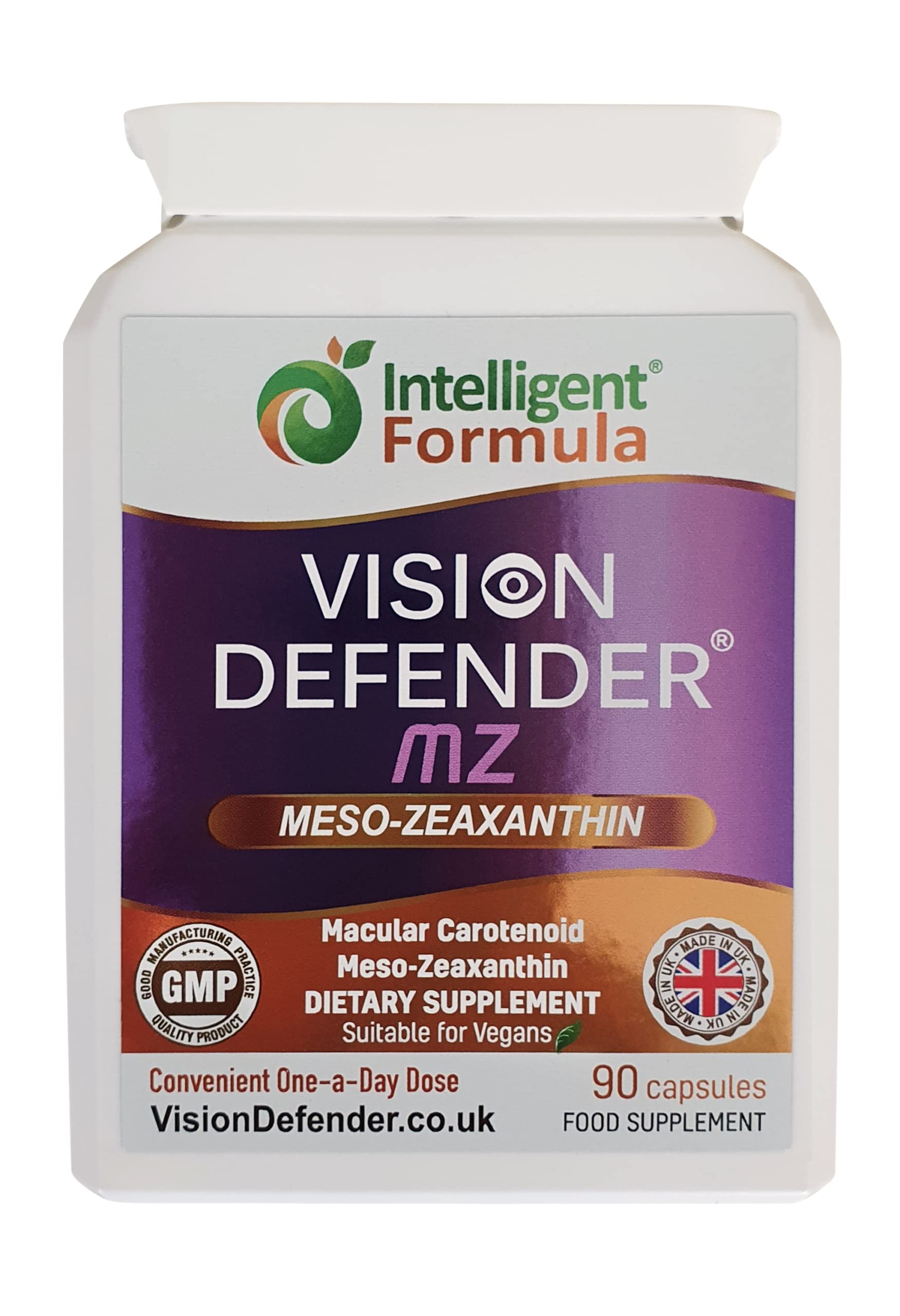 Vision Defender Meso Zeaxanthin Vegan Eye Supplement MZ- Protect and Improve Ocular Health & Eye Care, High Strength Antioxidant Carotenoid Meso-Zeaxanthin for Eyes (90 capsules/One-A-Day) Made in UK