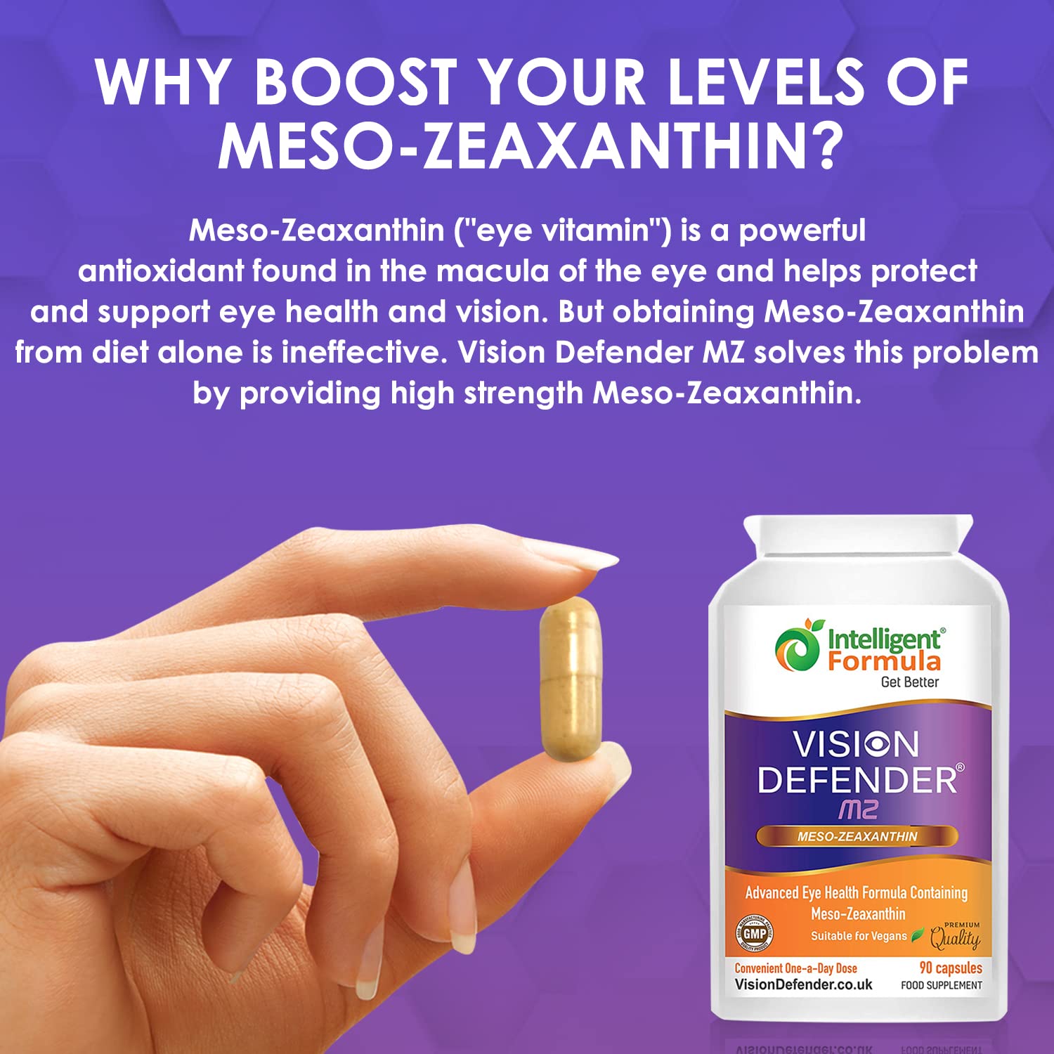 Vision Defender Meso Zeaxanthin Vegan Eye Supplement MZ- Protect and Improve Ocular Health & Eye Care, High Strength Antioxidant Carotenoid Meso-Zeaxanthin for Eyes (90 capsules/One-A-Day) Made in UK