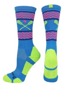 madsportsstuff chevron girls lacrosse socks with lacrosse sticks athletic crew socks (electric blue/neon green, small)