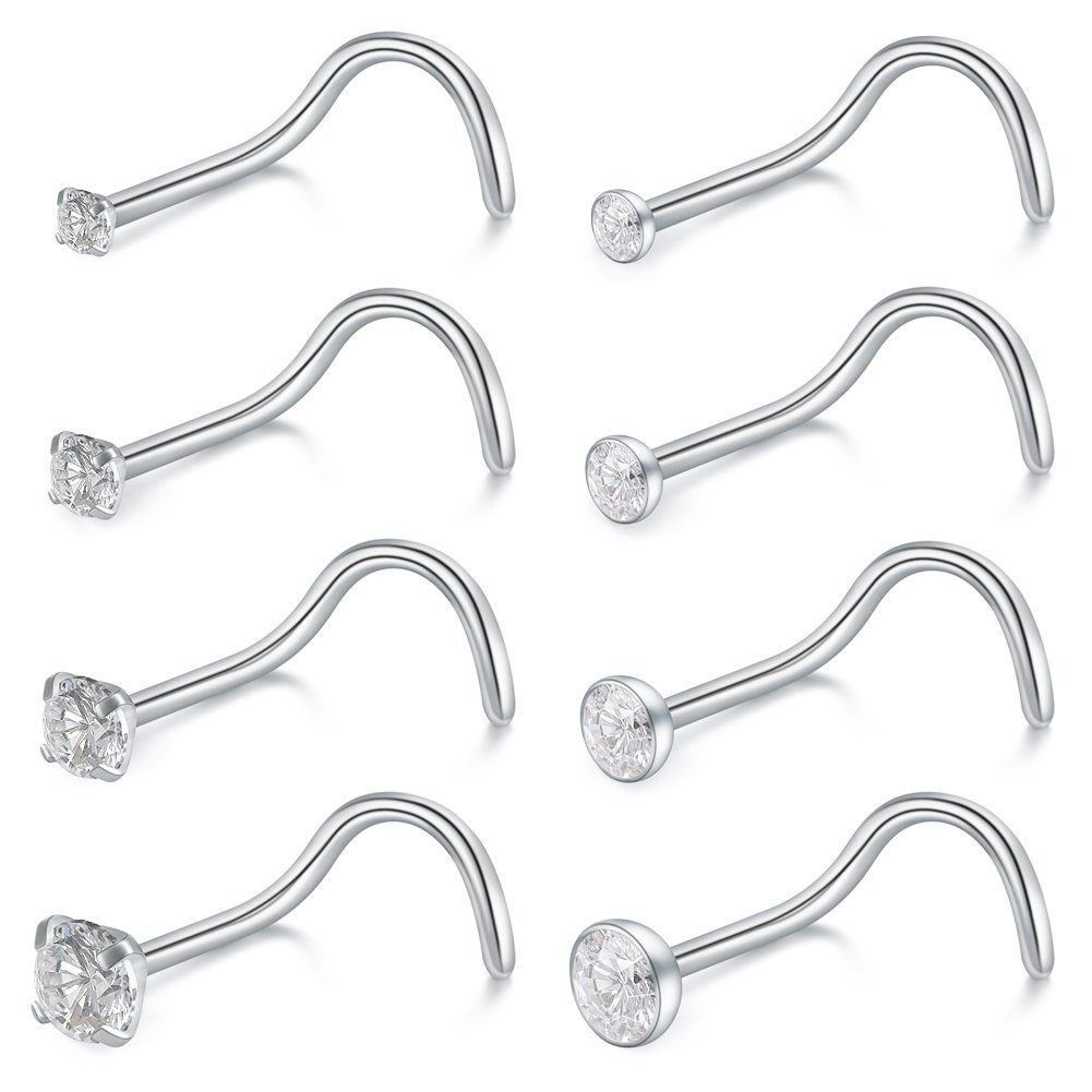 SCERRING 18G 8PCS Stainless Steel Screw Bend Nose Stud Rings Piercing Jewelry 1.5mm 2mm 2.5mm 3mm Clear Cubic Zirconia