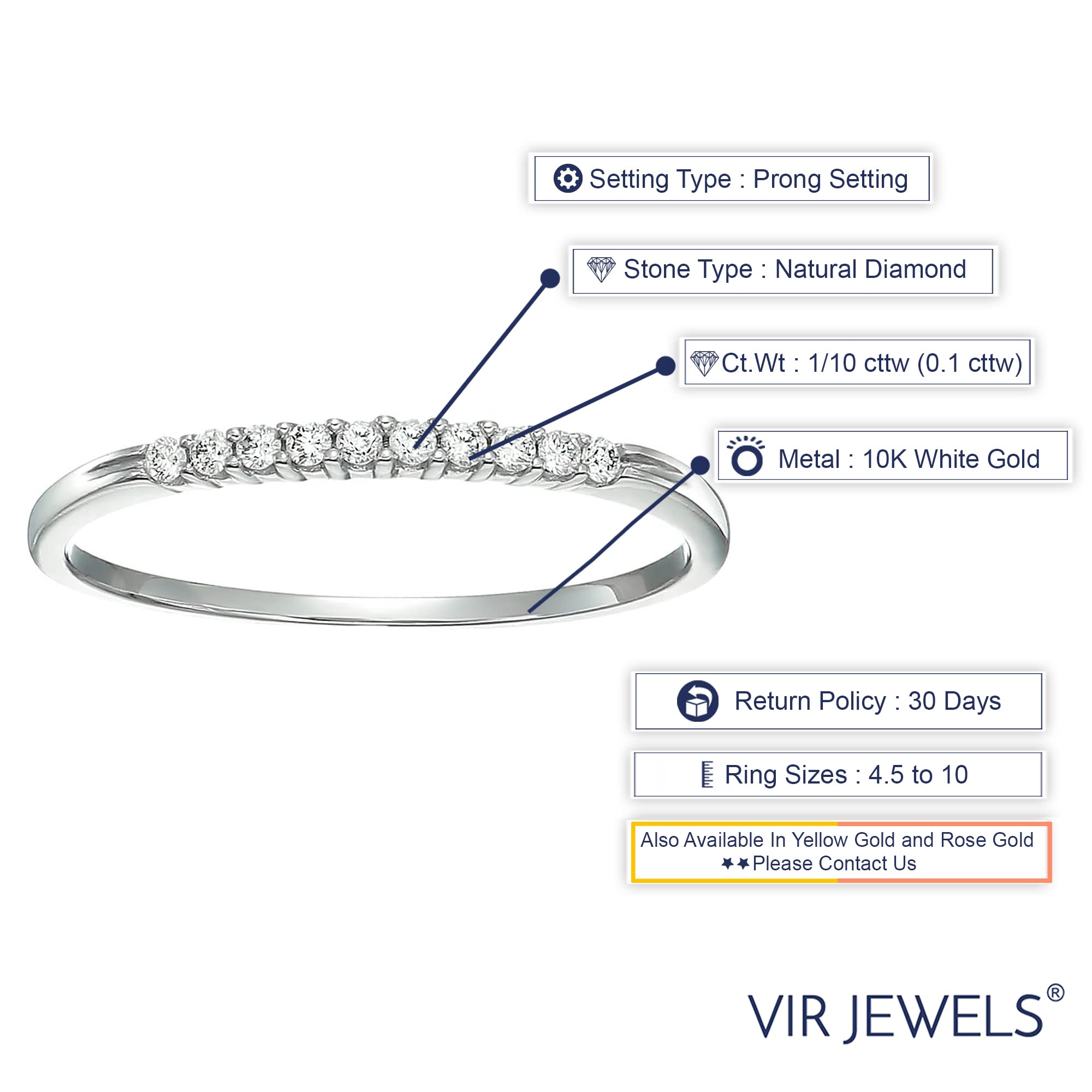 Vir Jewels 1/10 carat (ctw) Petite Diamond Wedding Anniversary Band for Women, Round Diamond Engagement Ring 10K White Gold 10 Stones Prong Set 0.10 cttw, Size 6.5