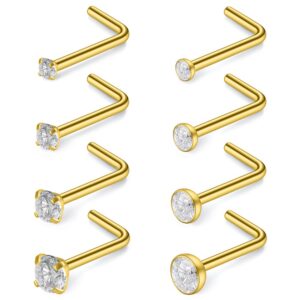 scerring 18g 8pcs gold plated stainless steel l-shaped nose stud rings piercing jewelry 1.5mm 2mm 2.5mm 3mm clear cubic zirconia