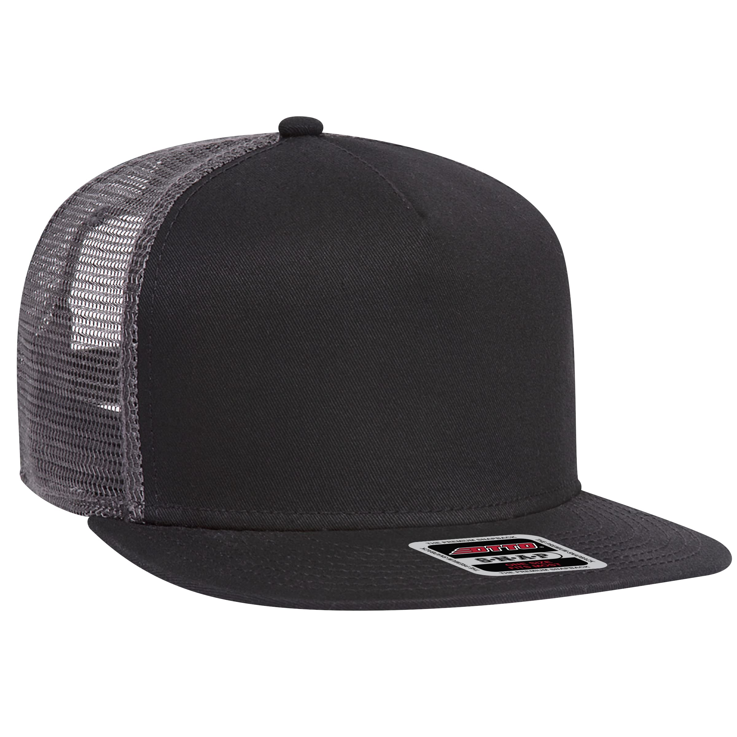 OTTO Round Flat Visor SNAP 5 Panel Mesh Back Trucker Snapback Hat - Blk/Blk/Ch.Gry