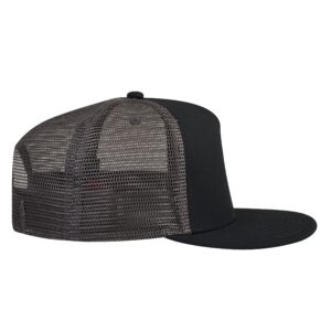 OTTO Round Flat Visor SNAP 5 Panel Mesh Back Trucker Snapback Hat - Blk/Blk/Ch.Gry