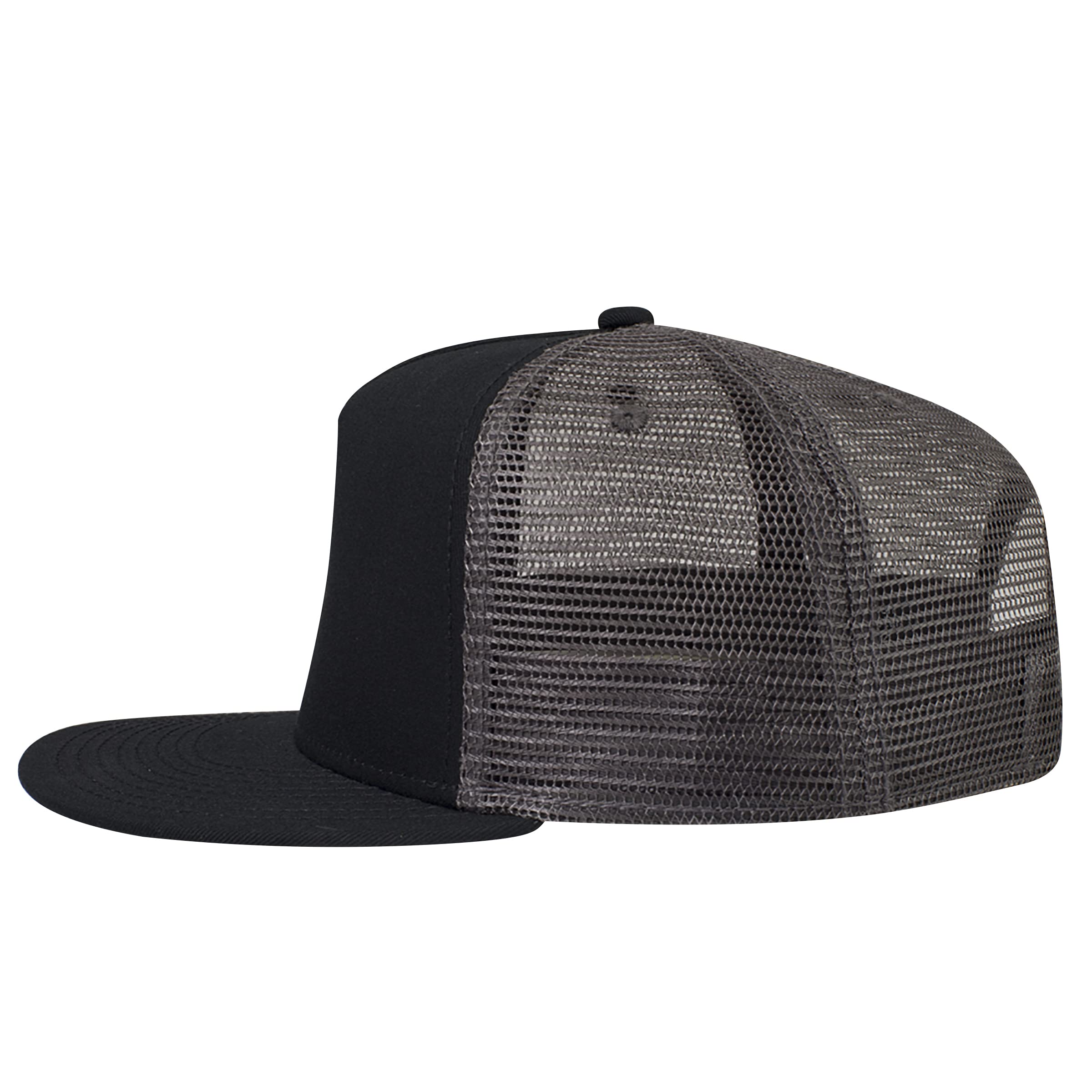 OTTO Round Flat Visor SNAP 5 Panel Mesh Back Trucker Snapback Hat - Blk/Blk/Ch.Gry