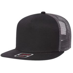 OTTO Round Flat Visor SNAP 5 Panel Mesh Back Trucker Snapback Hat - Blk/Blk/Ch.Gry