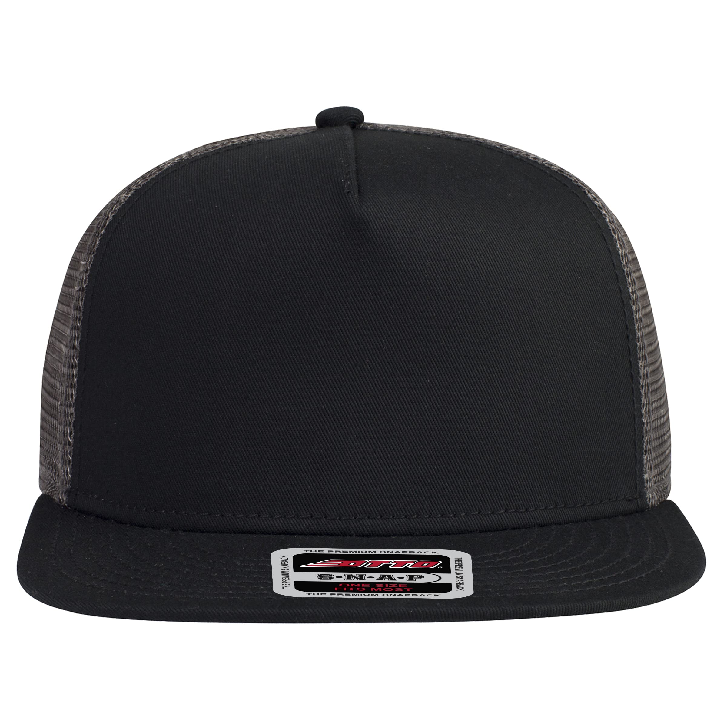 OTTO Round Flat Visor SNAP 5 Panel Mesh Back Trucker Snapback Hat - Blk/Blk/Ch.Gry