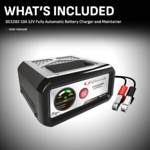 Schumacher Electric SC1282 Fully Automatic Battery Charger and Maintainer for Motorcycles, Power Sports, Lawn Tractors, Cars, SUVs, and Boats, 10 Amps, 12 Volt, Black, 1 Unit