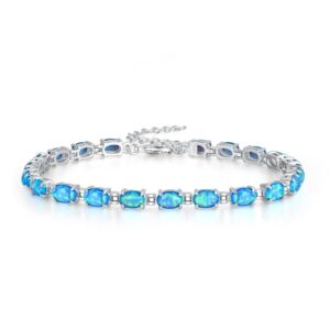 cinily blue fire opal tennis bracelet for women 14k white gold plated adjustable oval shape gemstone bracelet opal jewelry