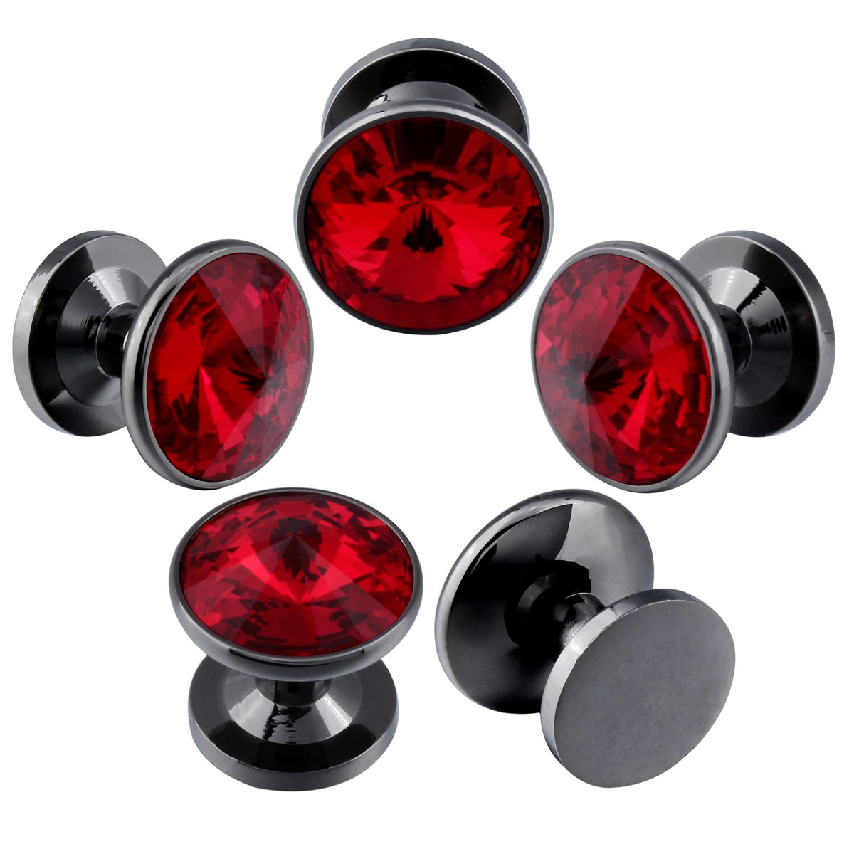 HAWSON Tuxedo Shirt Studs Set Black Color with Austrian Crystals in Red