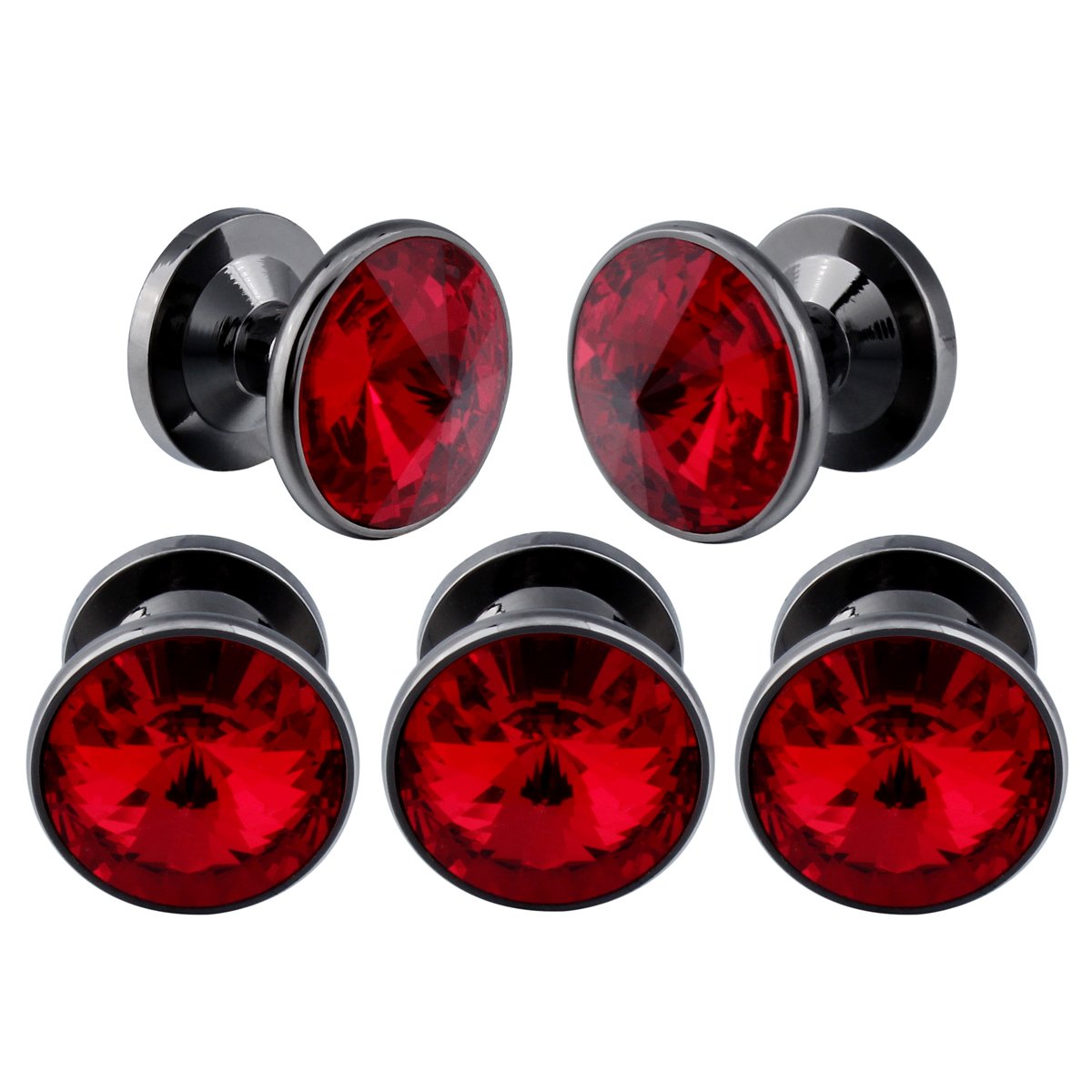 HAWSON Tuxedo Shirt Studs Set Black Color with Austrian Crystals in Red