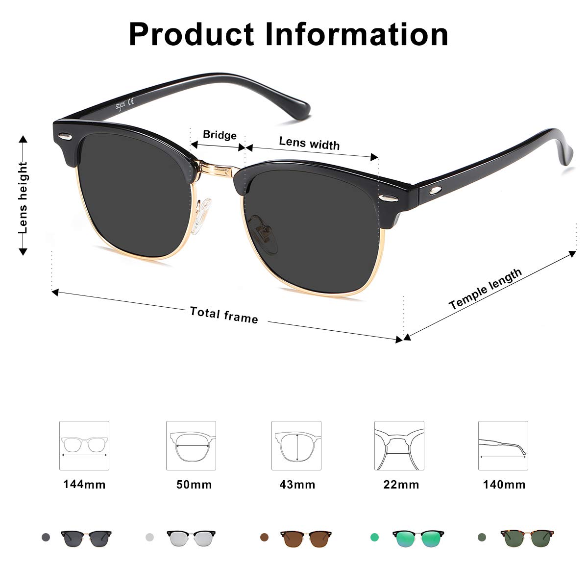 SOJOS Retro Semi Rimless Polarized Sunglasses Horn Rimmed UV400 Glasses SJ5018 with Black Frame/Grey Lens