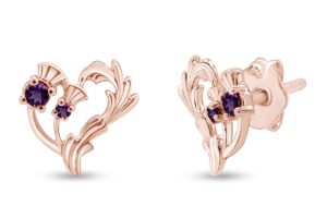 thistle heart simulated amethyst stud earrings in 14k rose gold over sterling silver