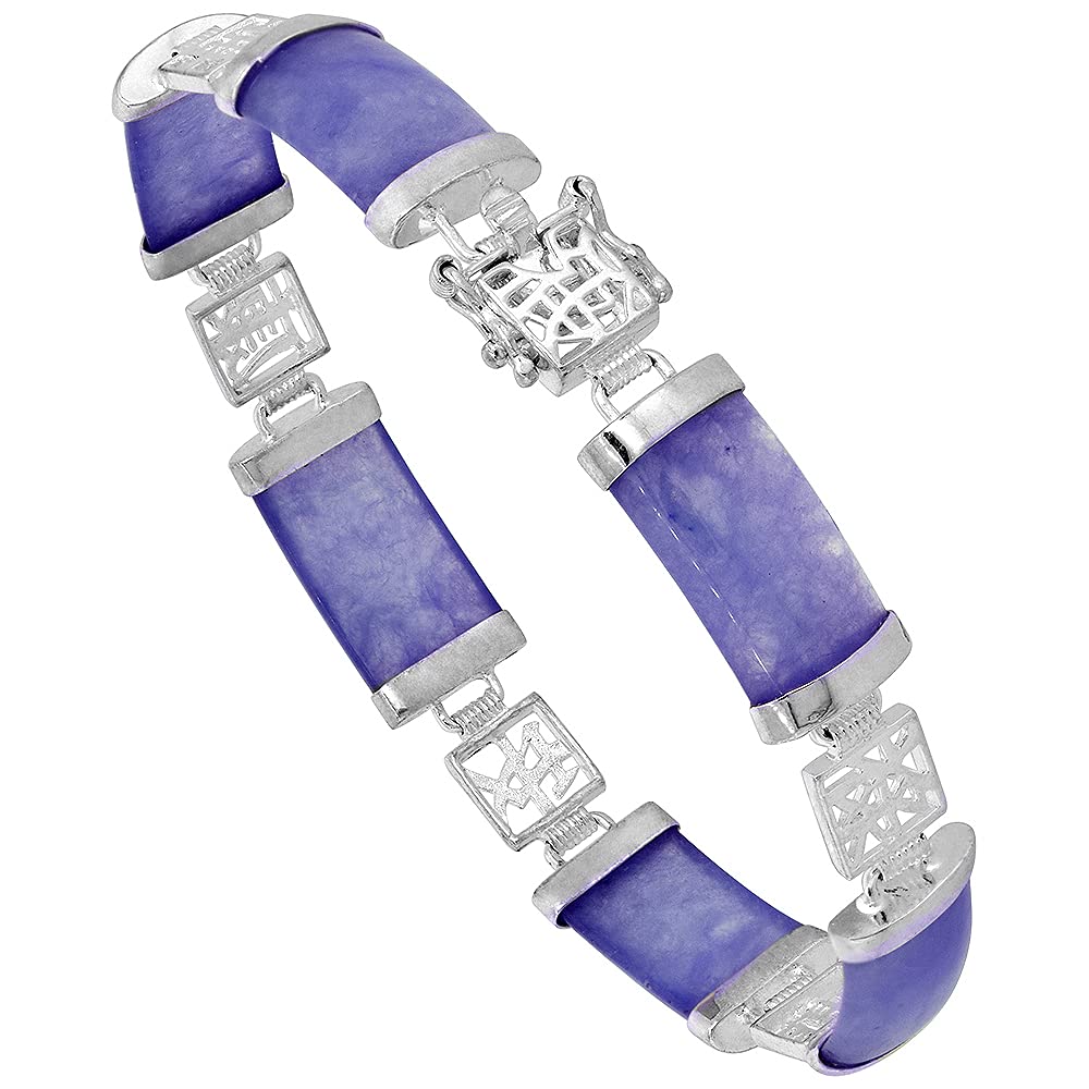 9mm Sterling Silver Dyed Purple Jade Link Bracelet for Women Box Clasp Chinese characters for Luck Health Prosperitys 3/8 inch 8 inch