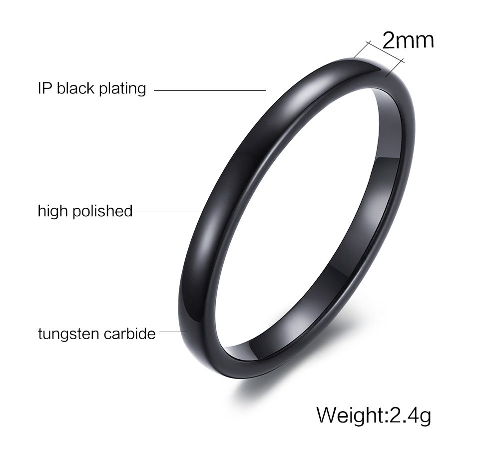 VNOX Custom Engraving-2mm Women's Tungsten Carbide Plain Thin Band Wedding Ring,Black,Size 9